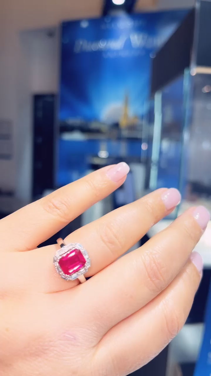 Baguette Diamonds Halo & Emerald cut Ruby "Alanis" Ring – Diamond World ...